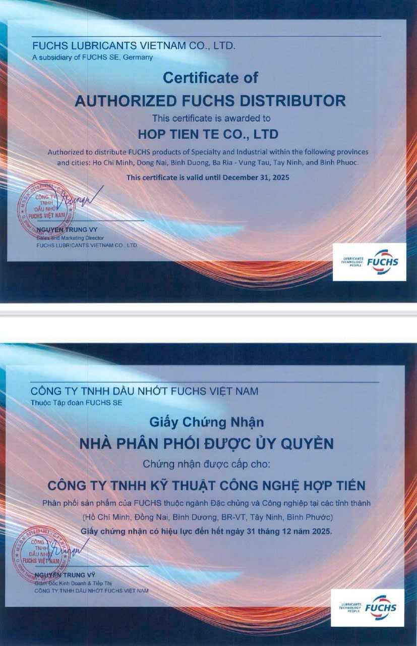 GIẤY CHỨNG NHẬN NPP FUCHS - Công ty TNHH Kỹ Thuật Công Nghệ Hợp Tiến